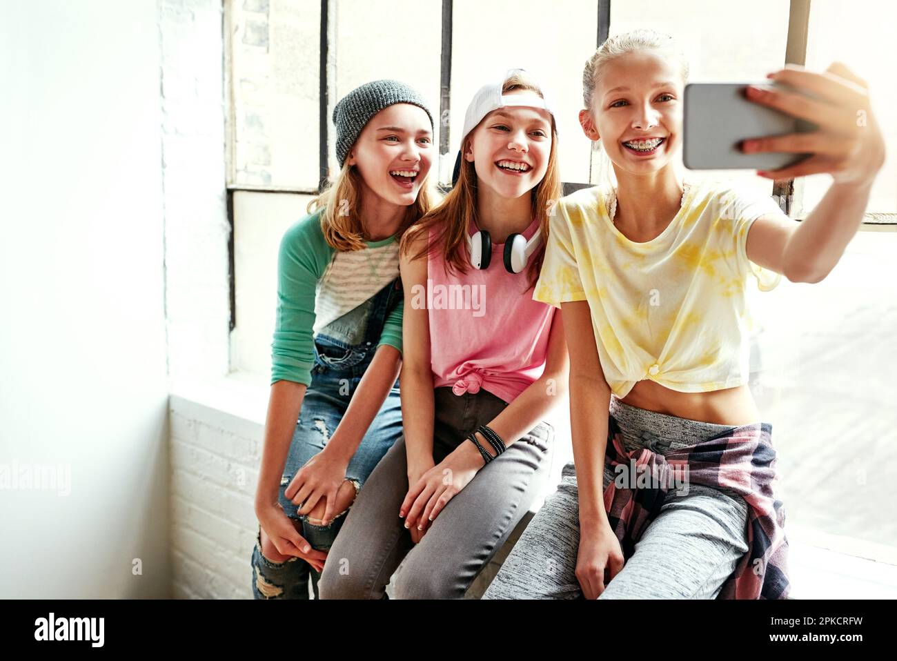 The dancers selfie. young girls taking a selfie in a dancing studio ...