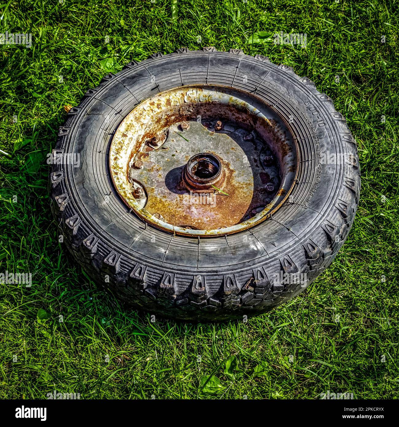 The old wheel from the cart lies on the lawn of the backyard Stock ...