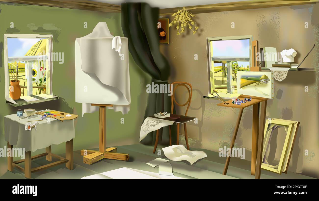 Interior of a poor artist studio in a village house. Digital Painting ...