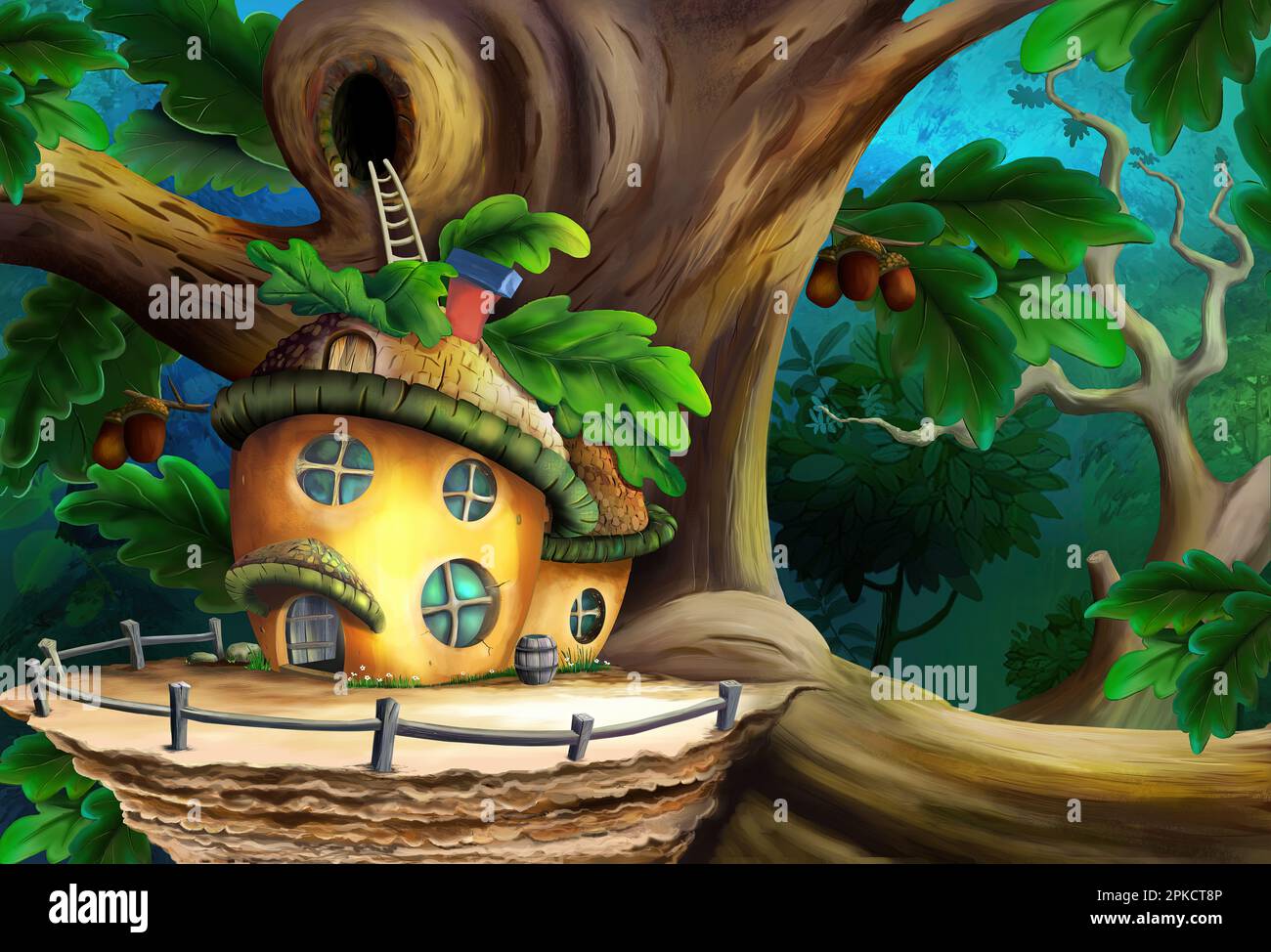 The forest gnome hut in the branches of a large tree. Digital Painting ...