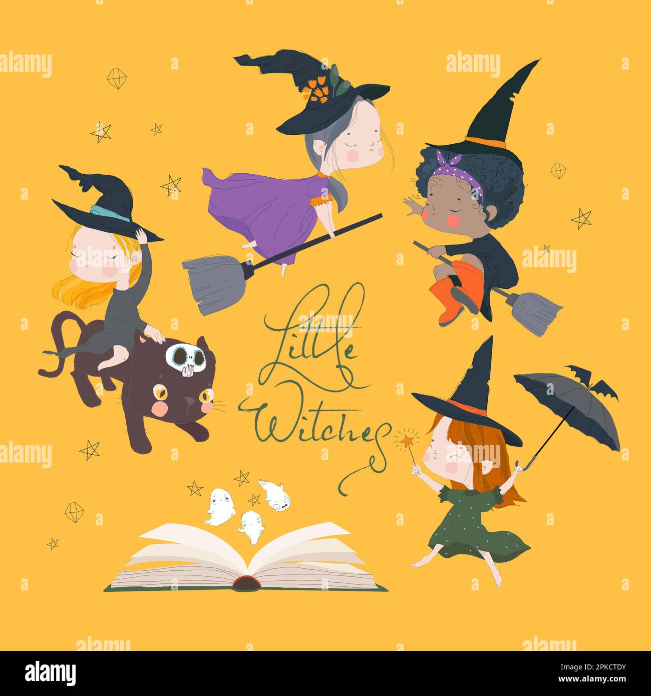 Cartoon Halloween Set with Cute Little Witches Stock Vector Image & Art ...