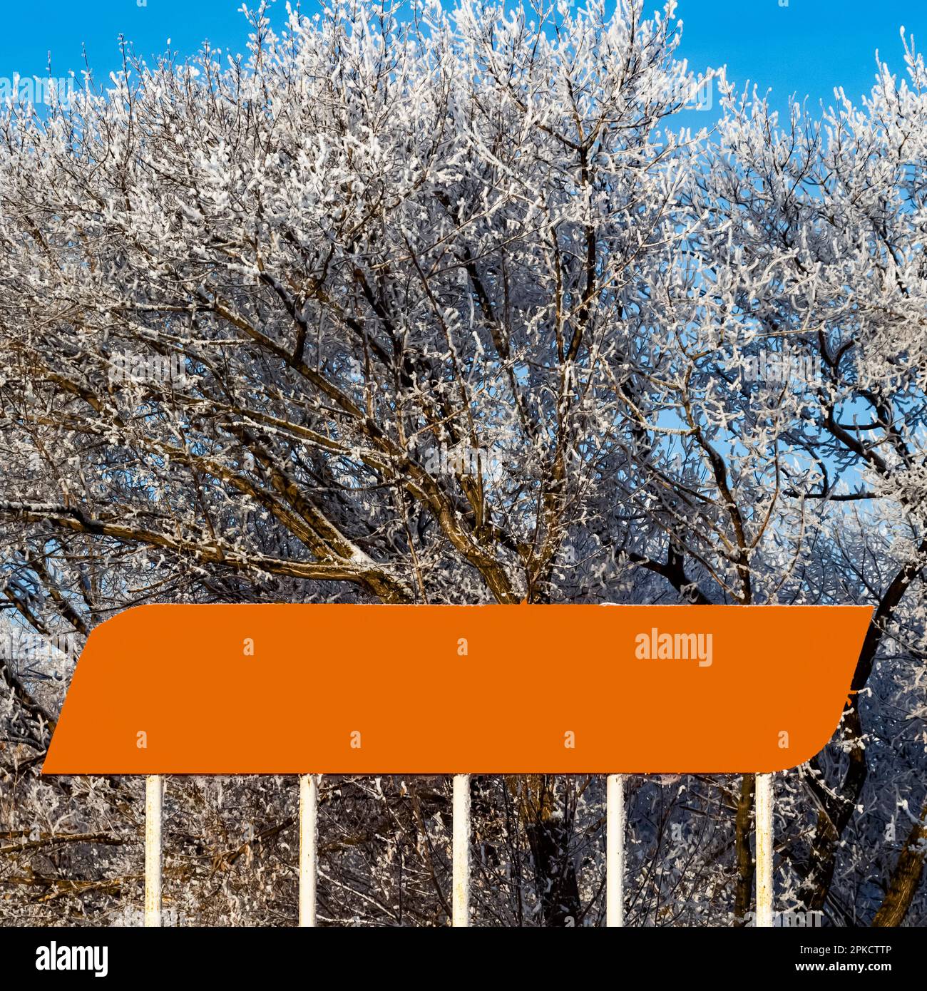 Large orange signboard against the backdrop of snowy trees Stock Photo ...