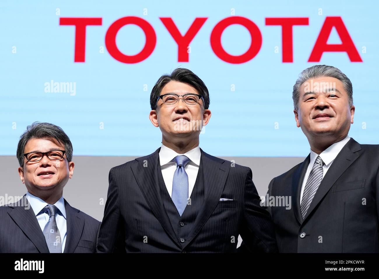 Koji Sato, center, President of Toyota Motor Co. with executive vice ...