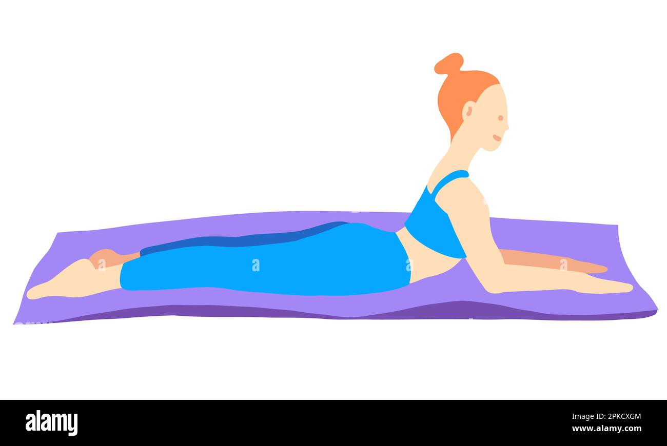 Training in yoga pose of rad hair European girl in blue tracksuit on a ...