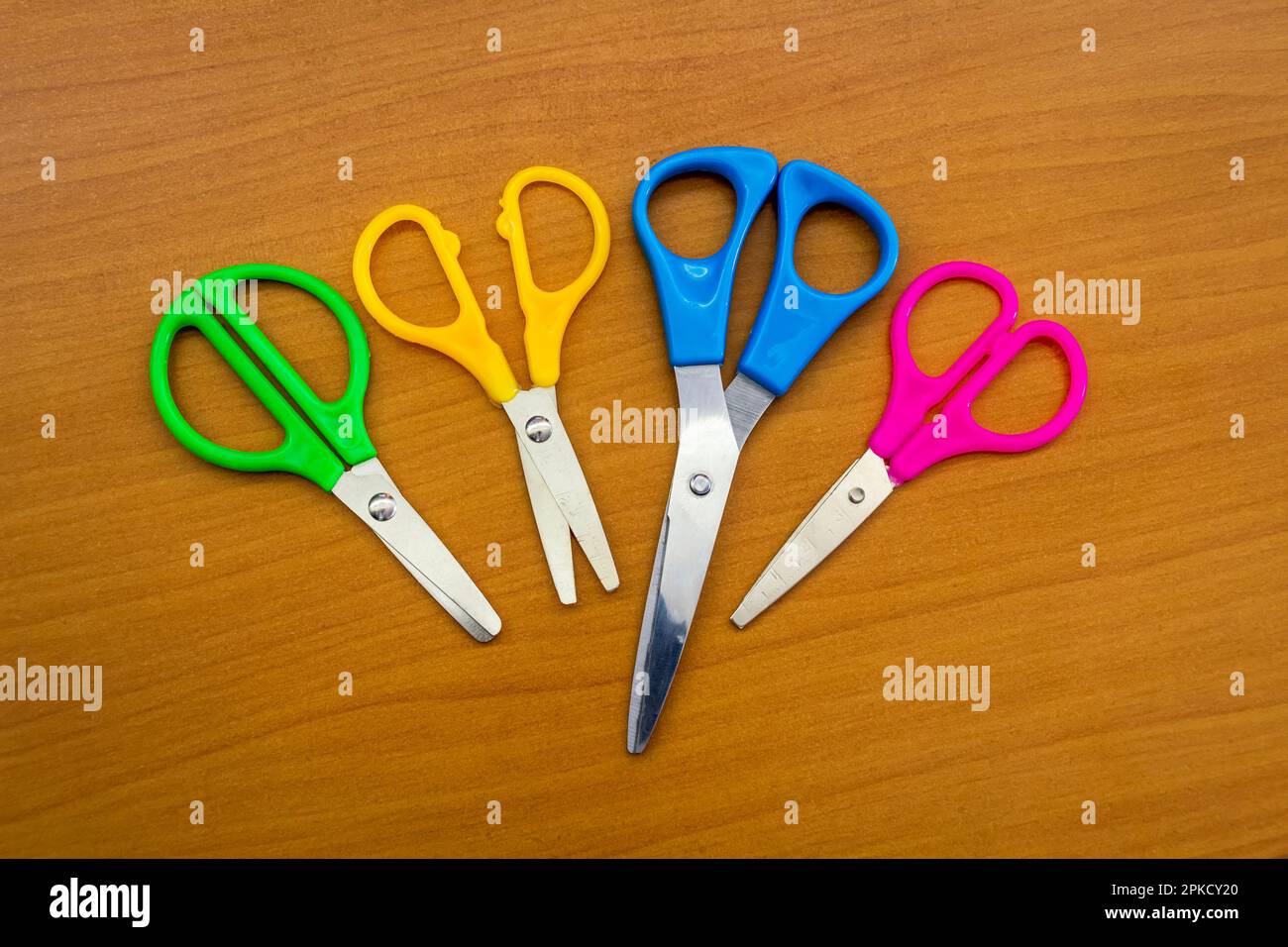 Multi-colored stationery scissors on the surface of the office table ...