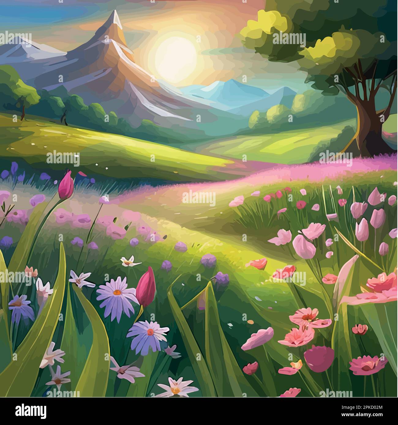 Spring landscape in green field colorful wildflowers and sunset ...