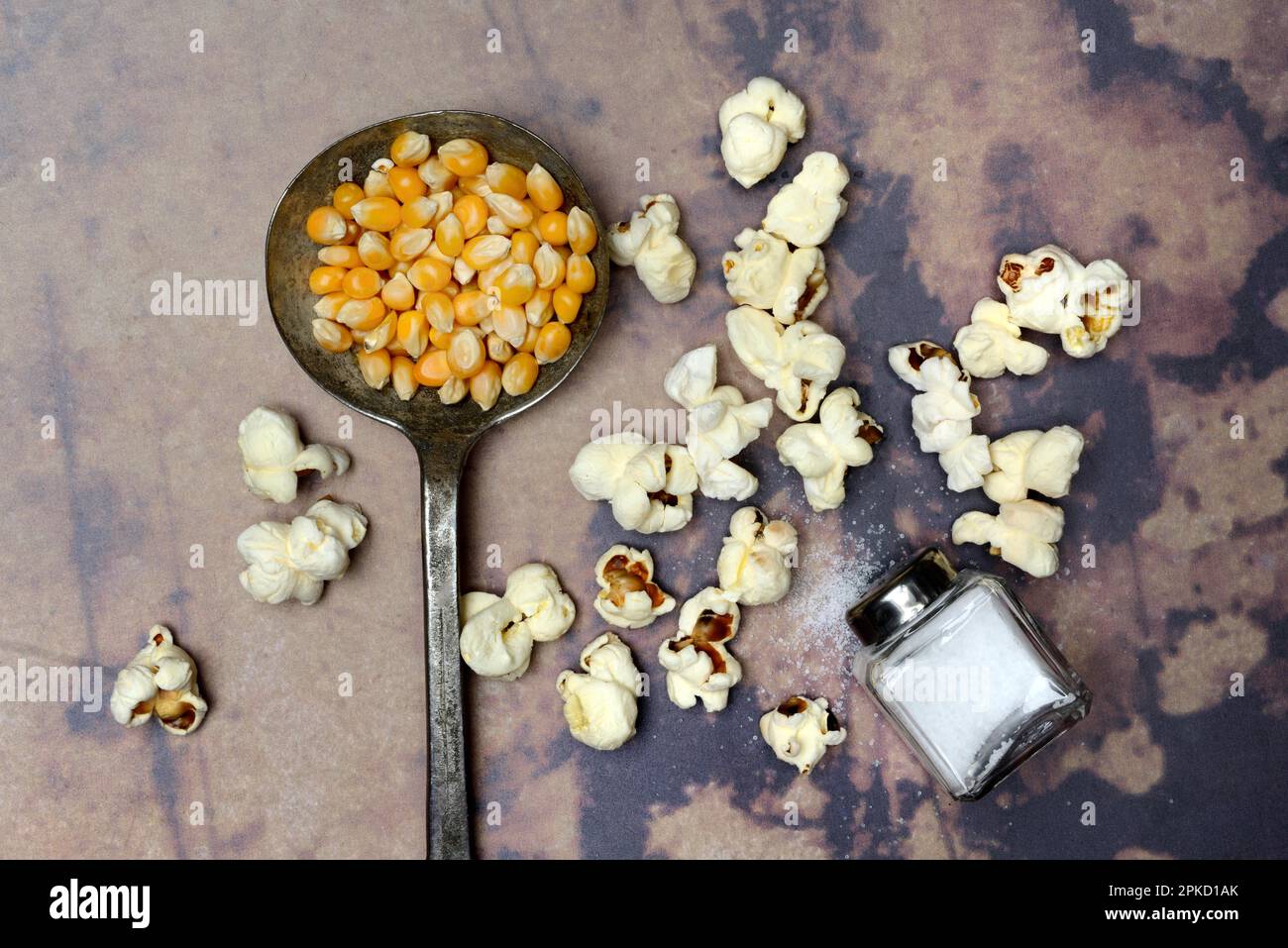 Corn (Zea mays) kernels in ladle and popcorn, puffed corn Stock Photo ...