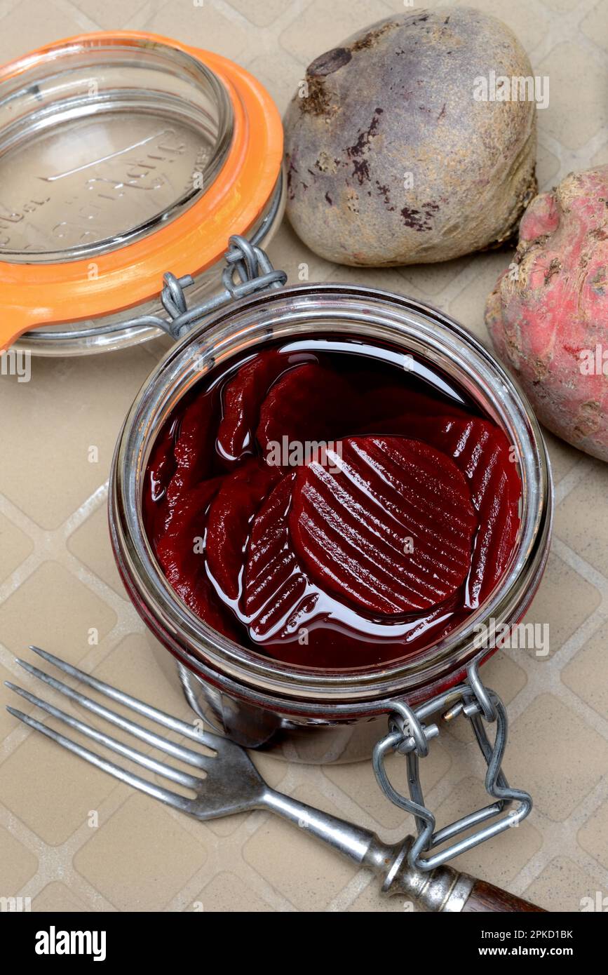 Pickled beetroot in glass jar and beetroot, Beta vulgaris Stock Photo ...