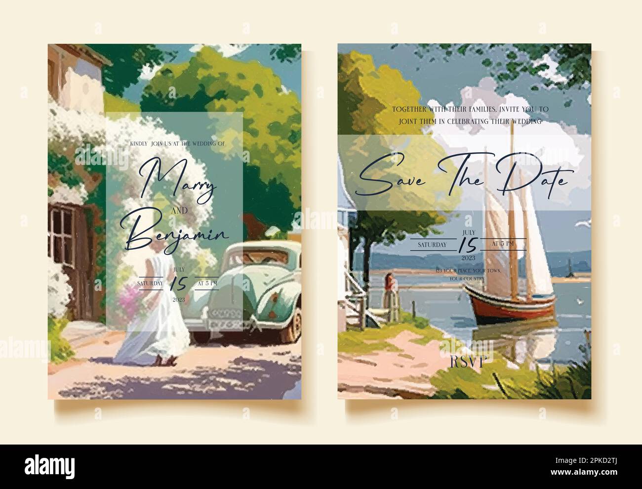 Watercolor wedding invitations cards with summer background. Vector ...