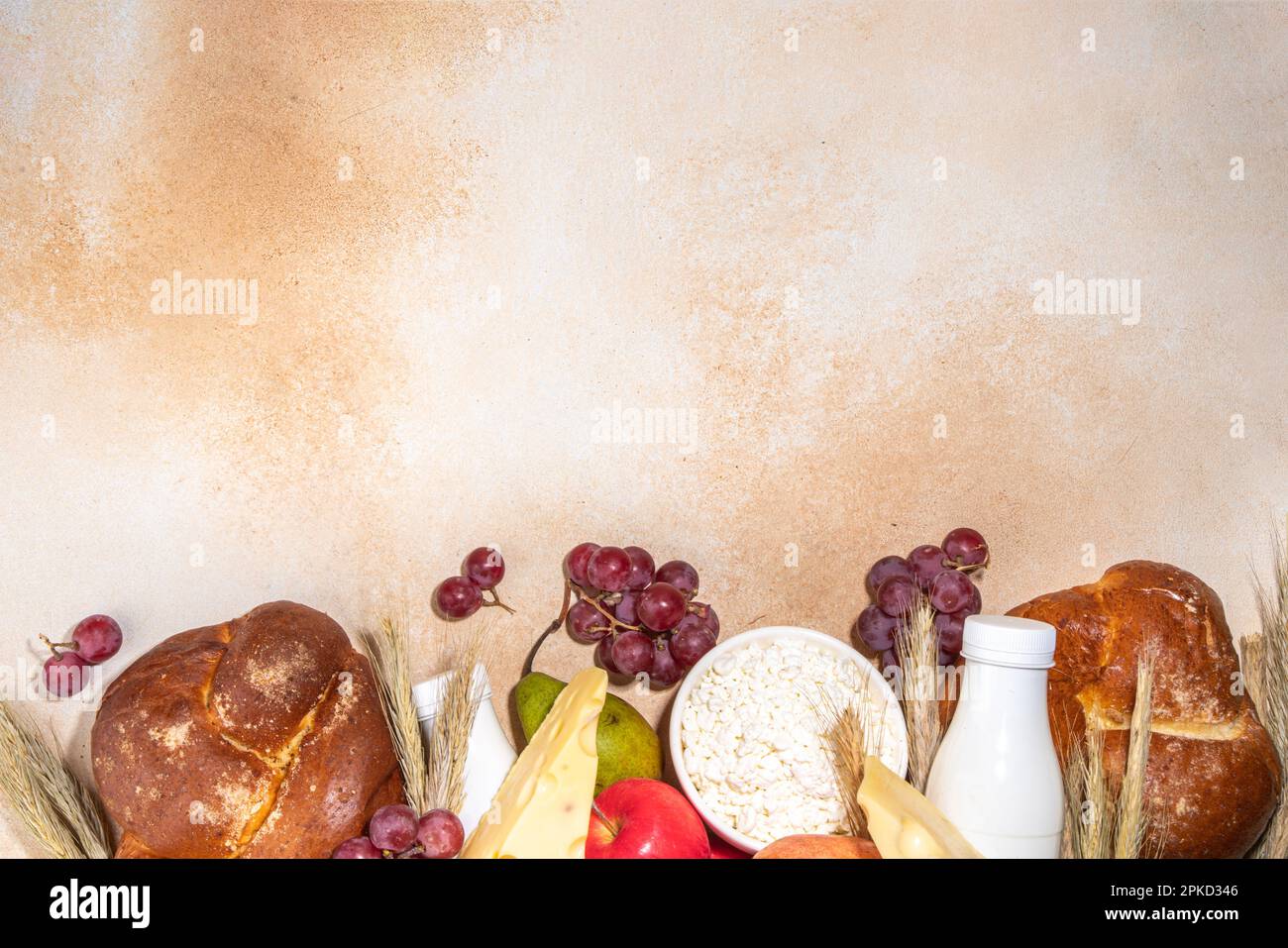 Happy Shavuot greeting card background with food Symbols of jewish ...