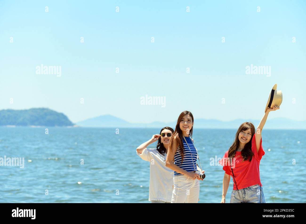 Three women traveling to a resort with fun on a rocky beach in the ...