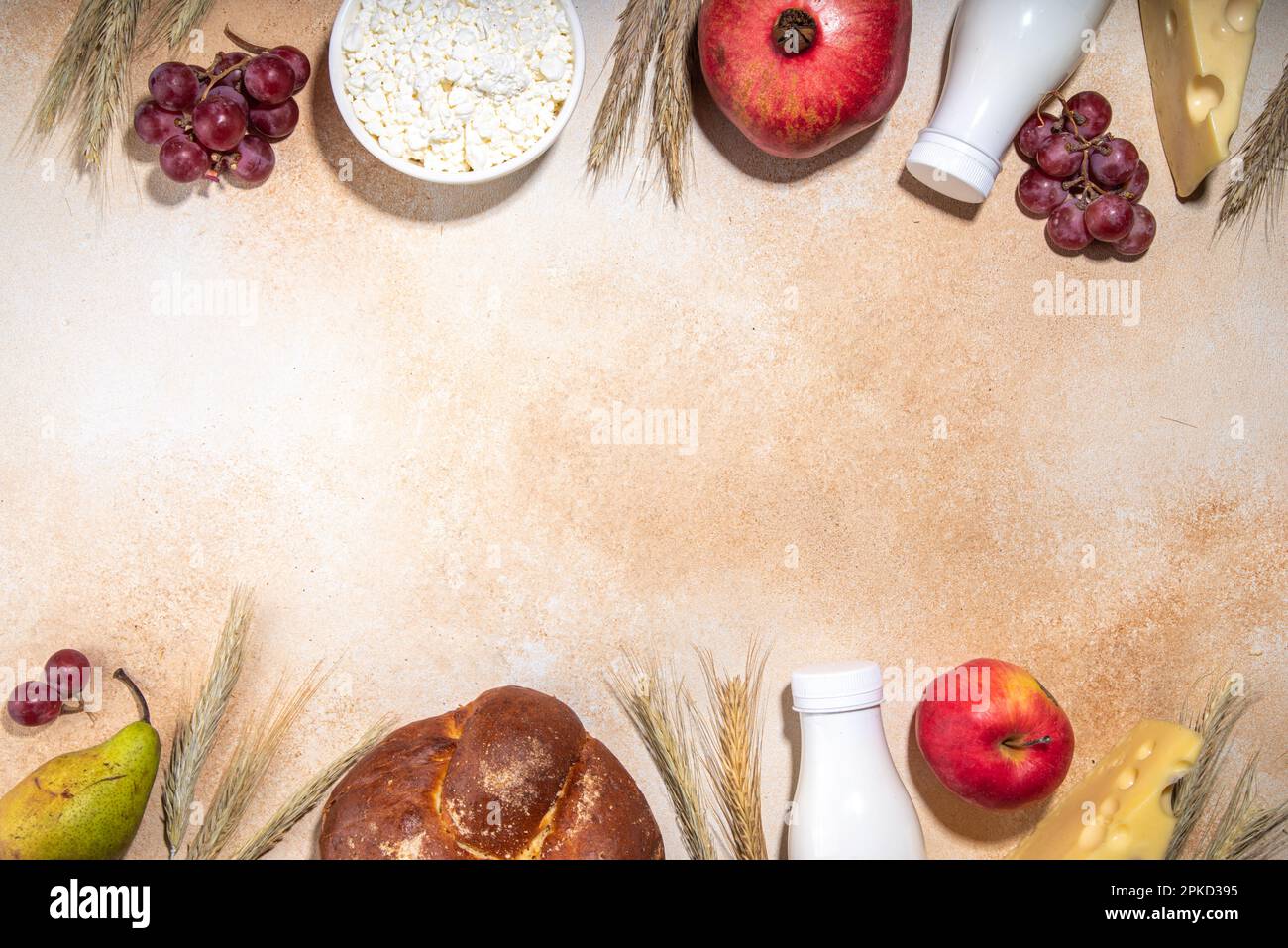 Happy Shavuot greeting card background with food Symbols of jewish ...