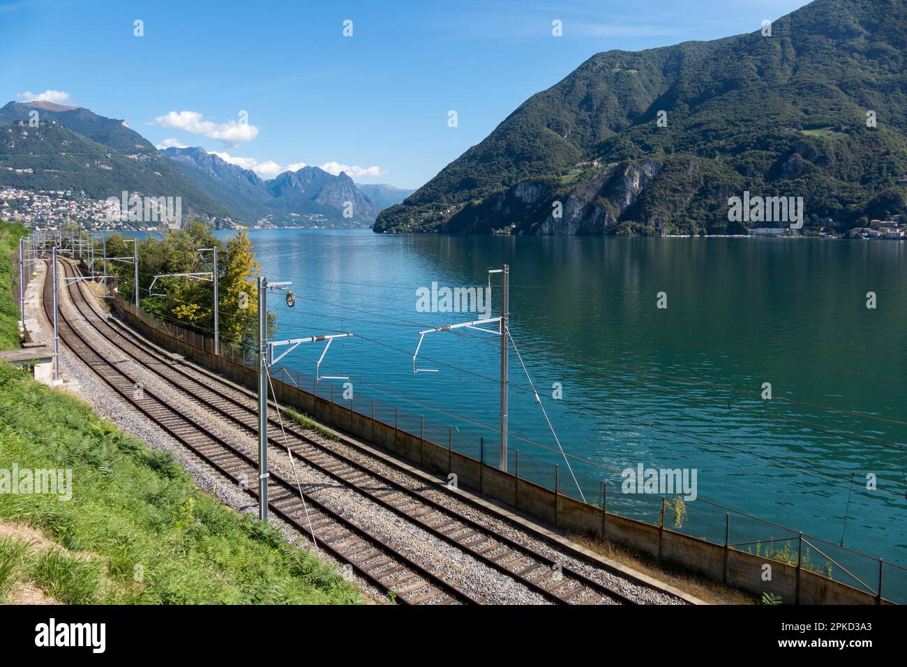 Railway line running alongside Lake Lugano Stock Photo - Alamy