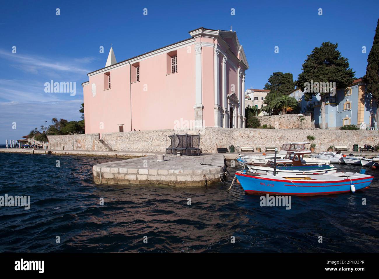 Port entrance of Veli Losinj, St. Basil's Church, Cres Island, Croatia ...