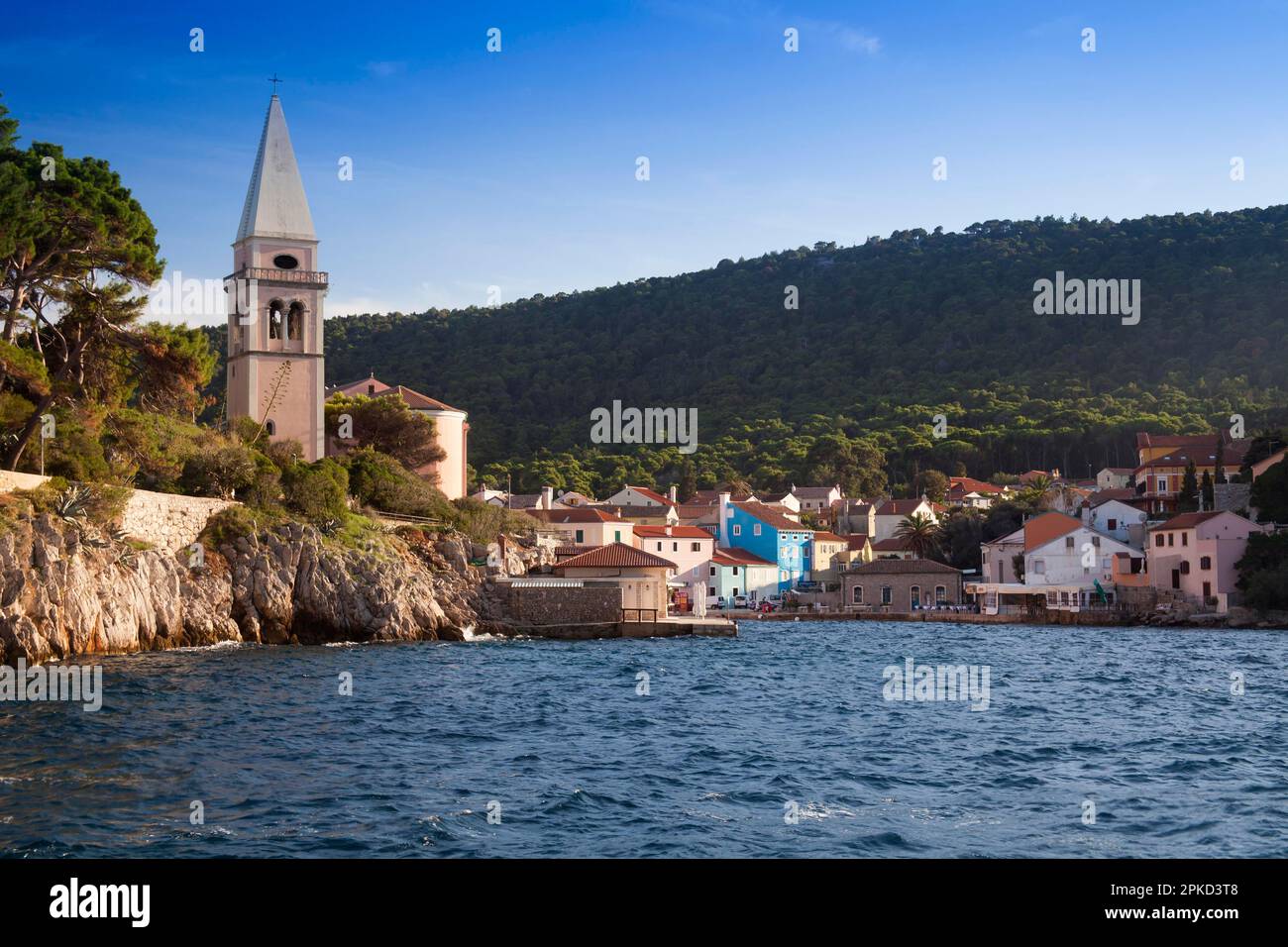 Port entrance of Veli Losinj, with St. Basil's Church, Cres Island ...