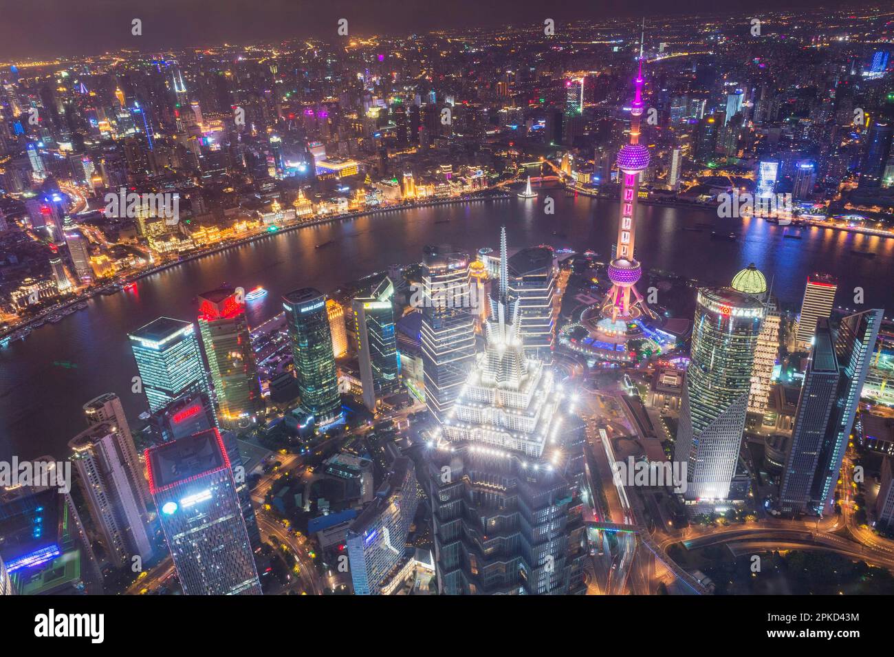 View over the Pudong financial district at night, Shanghai, China Stock ...