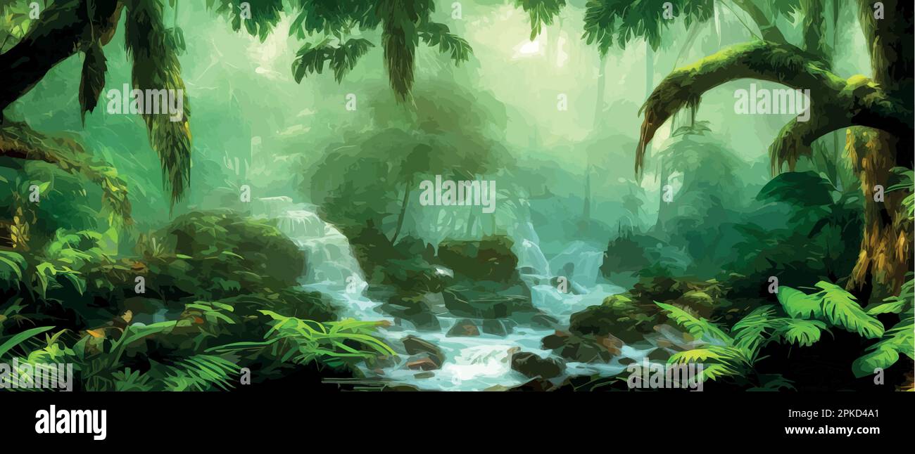 Jungle Waterfall Vector Illustration Fantasy Mystical Fauna Tropical Forest Landscape