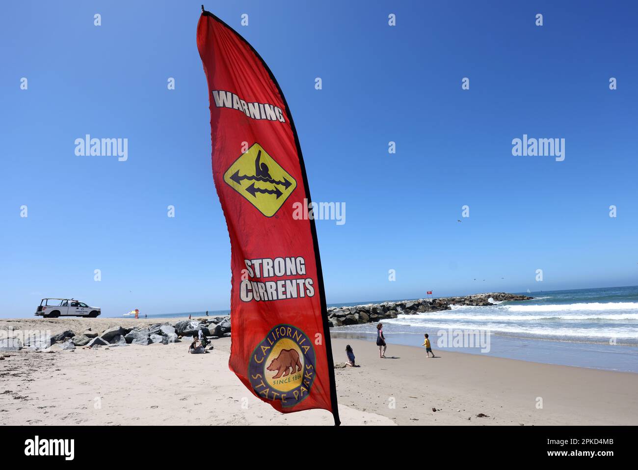Red Swimming Warning flag of strong currents on Ventura Beach ...