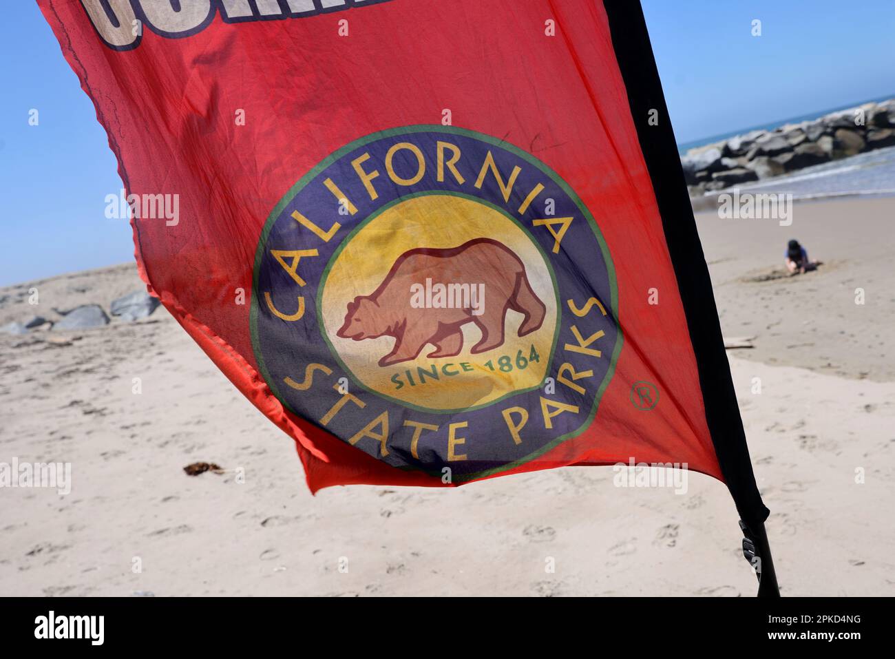 Red Swimming Warning flag of strong currents on Ventura Beach ...