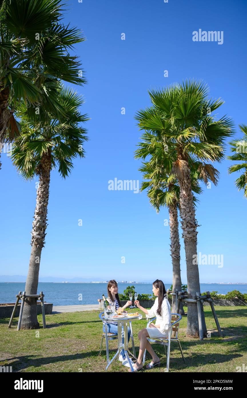 2 women dining in a sea resort Stock Photo - Alamy