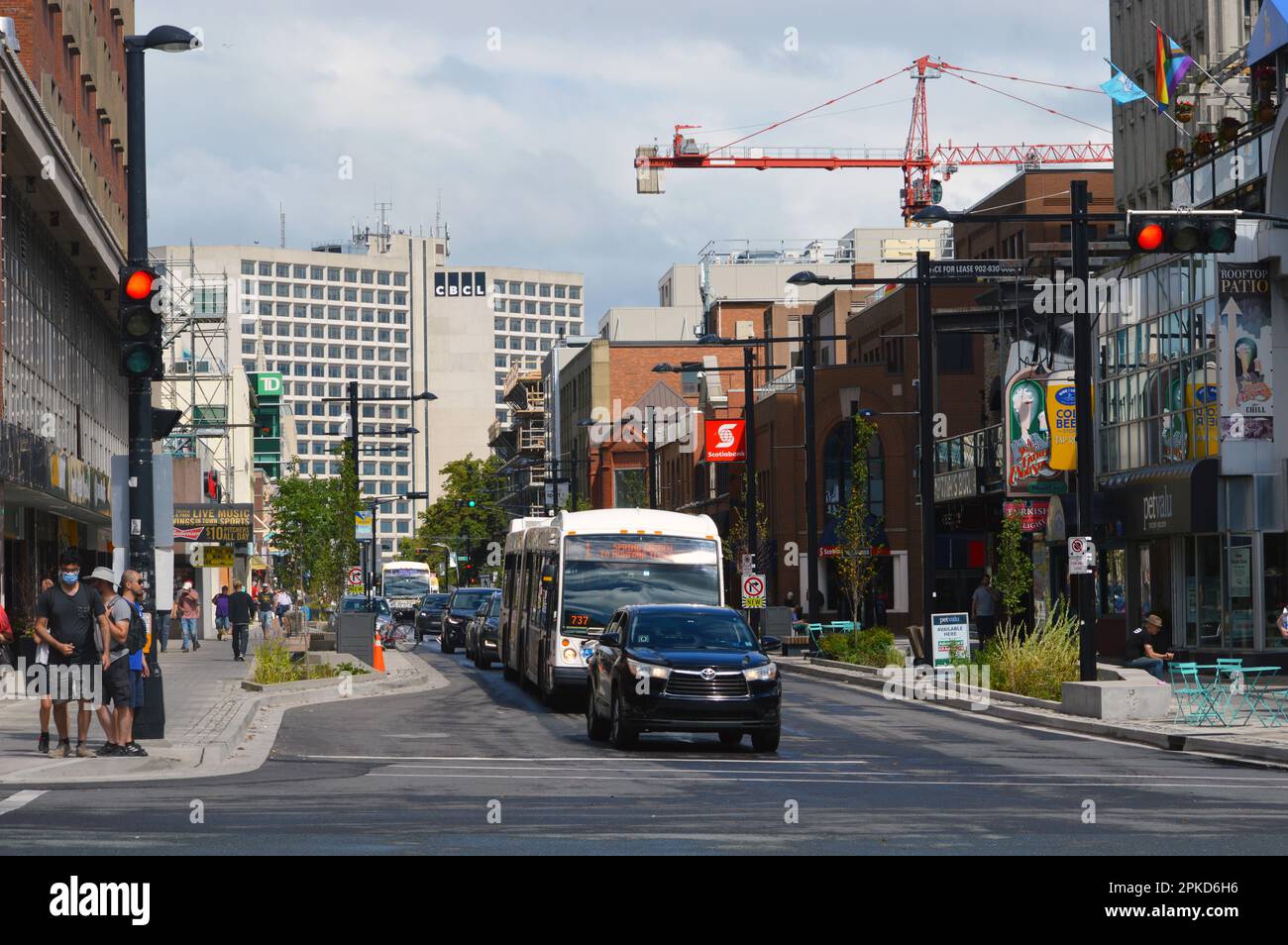 People, cars, and a Halifax Transit bus on Spring Garden Road, a ...