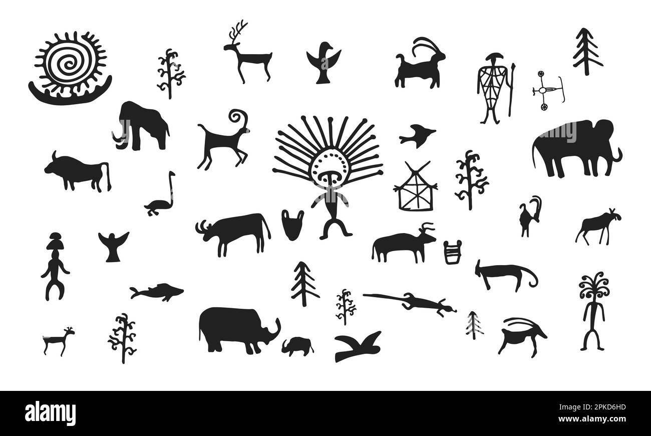 Cave painting prehistoric rock art hand drawn sketch style vector ...