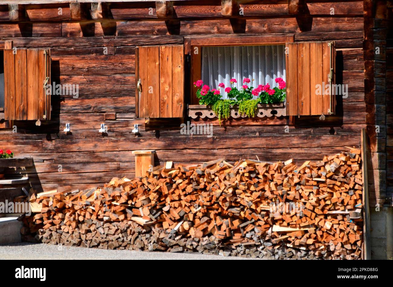 Alpine hut, wooden hut, woodpile, Bavaria, Upper Bavaria, Isar valley ...