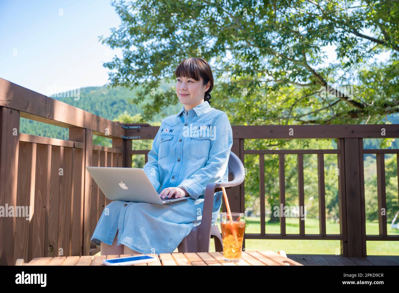 Woman working remotely from a log cabin balcony Stock Photo - Alamy