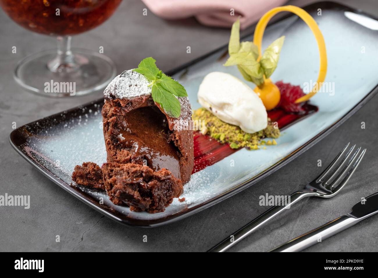 Chocolate souffle with ice cream served in a fine dining restaurant ...