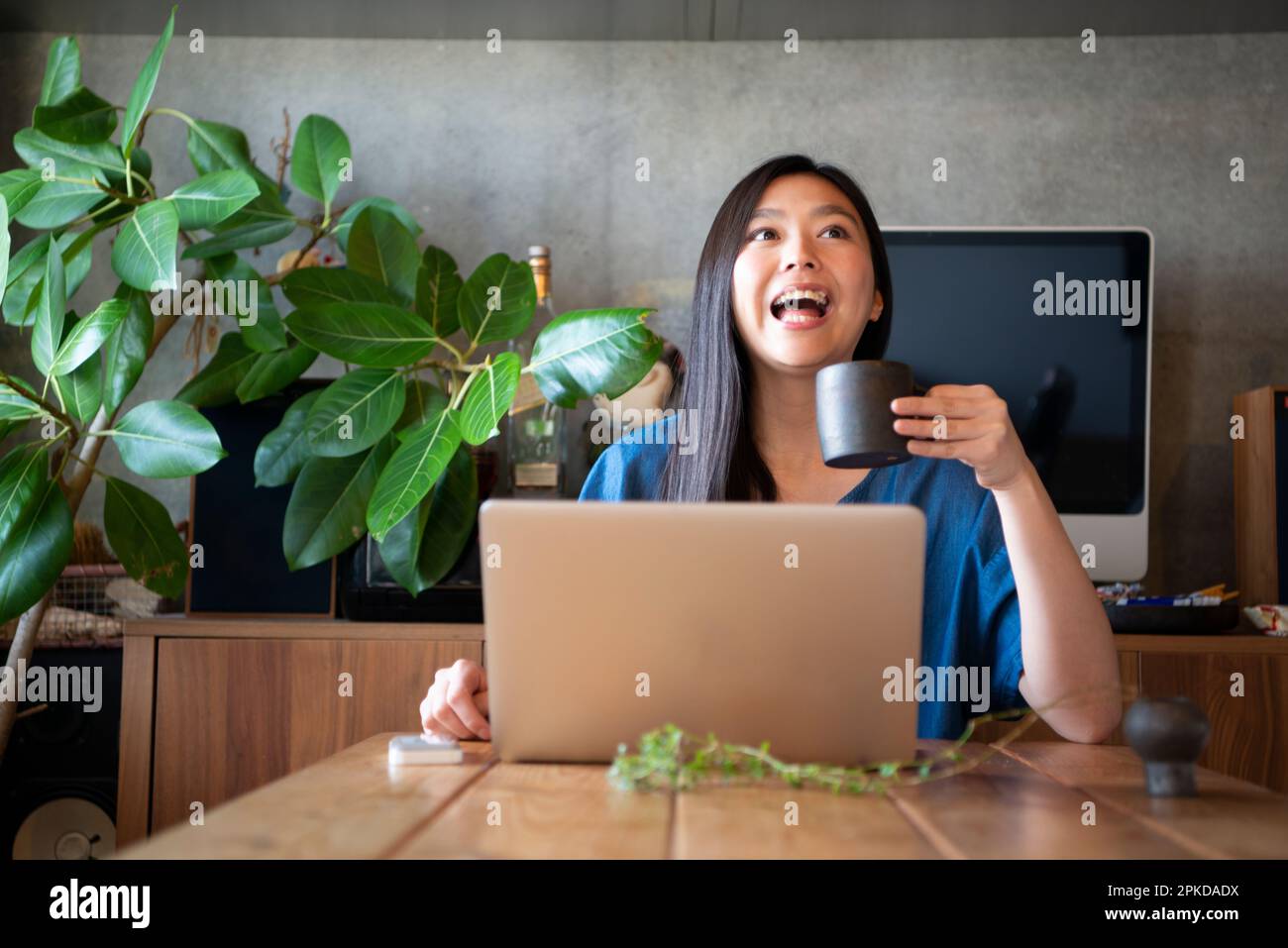 Woman laughing in front of laptop Stock Photo - Alamy