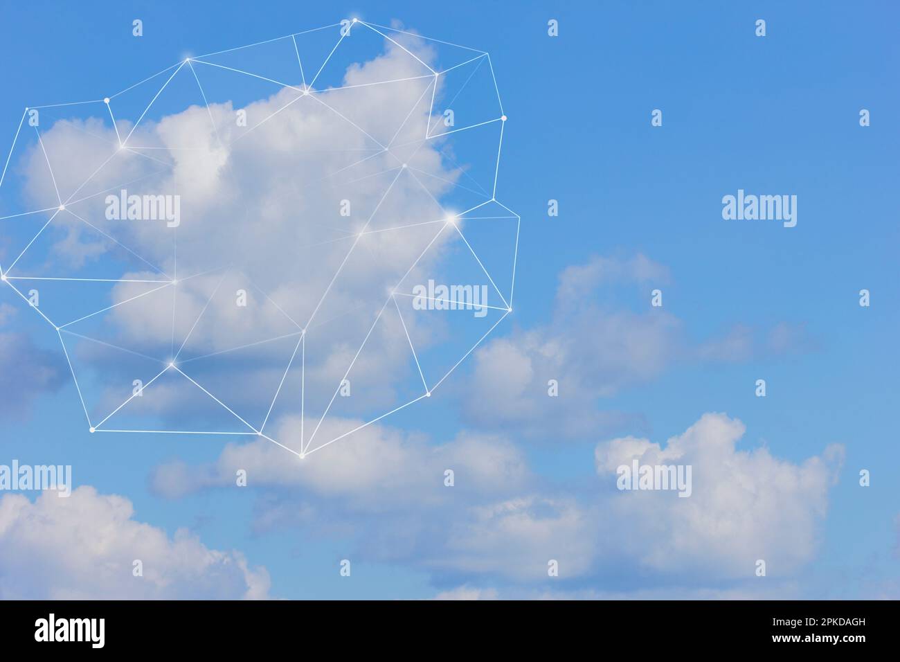 Cloud in the blue sky with mesh polygon wireframe. Cloud computing, networking, communication ...