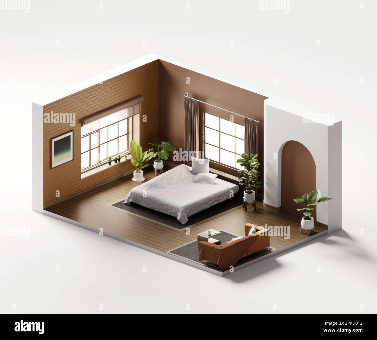 Isometric view bed room open inside interior architecture 3d rendering ...