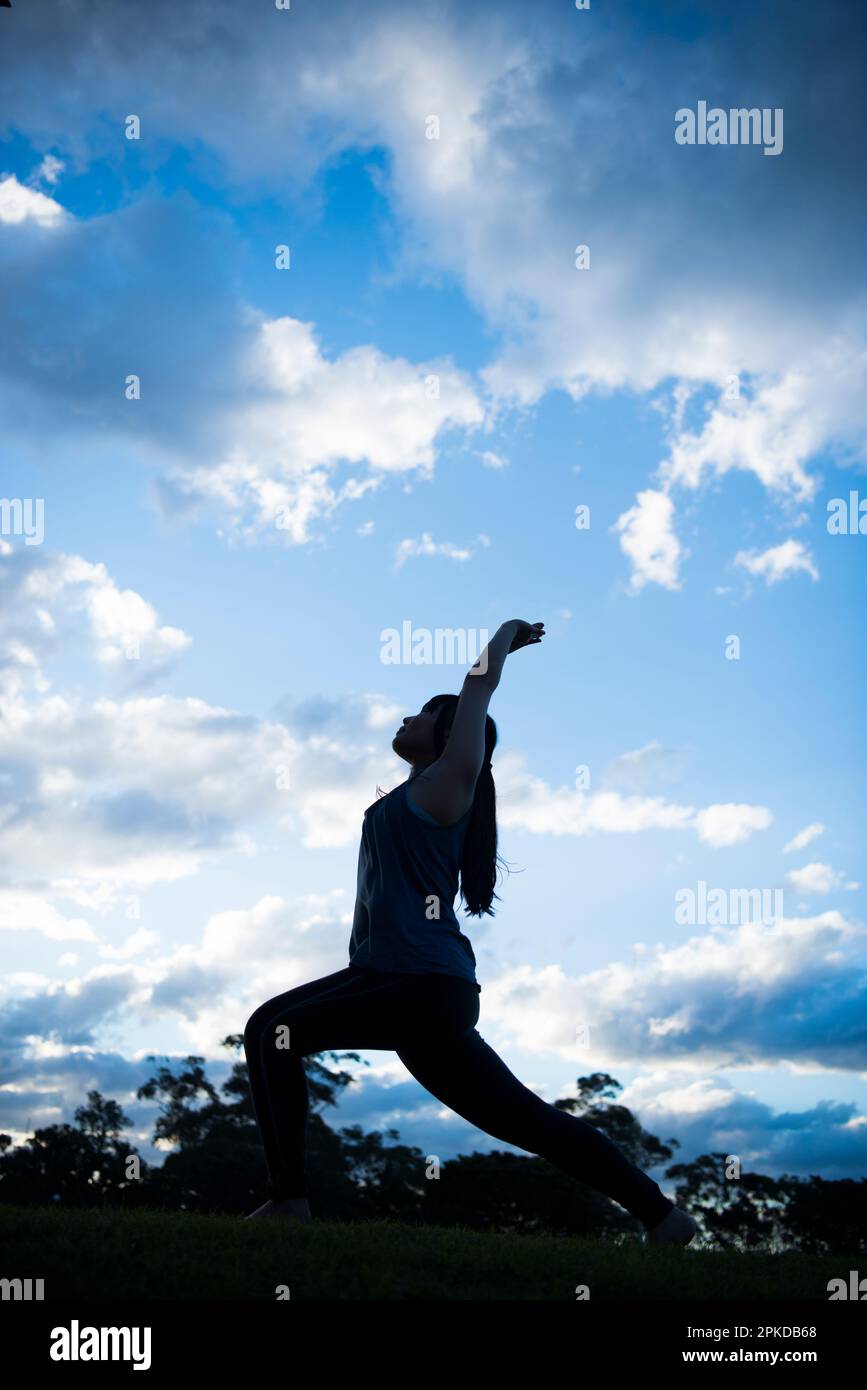 Silhouette of woman in heroic pose Stock Photo - Alamy