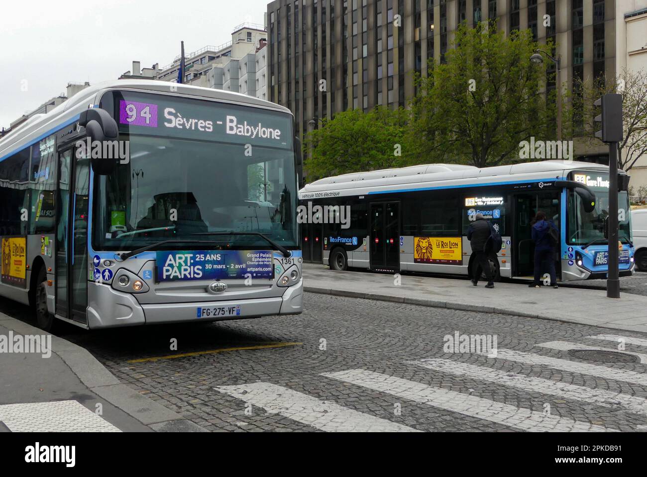 Paris, France. April 02. 2023. RATP public transport. Electric bus used to transport people ...