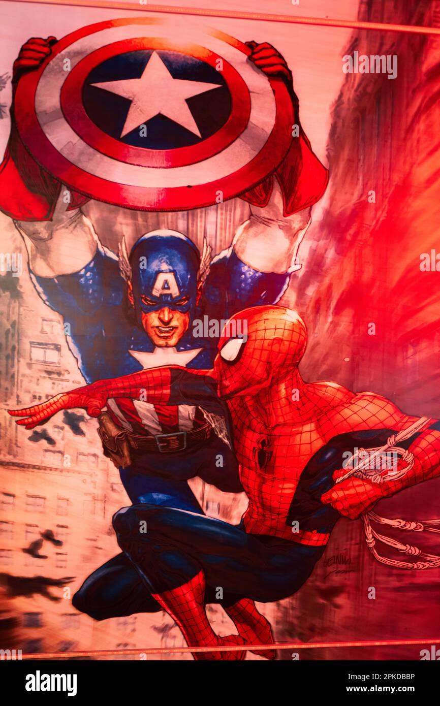 Ternopil, Ukraine- March, 2023: Captain America with Spider Man poster ...