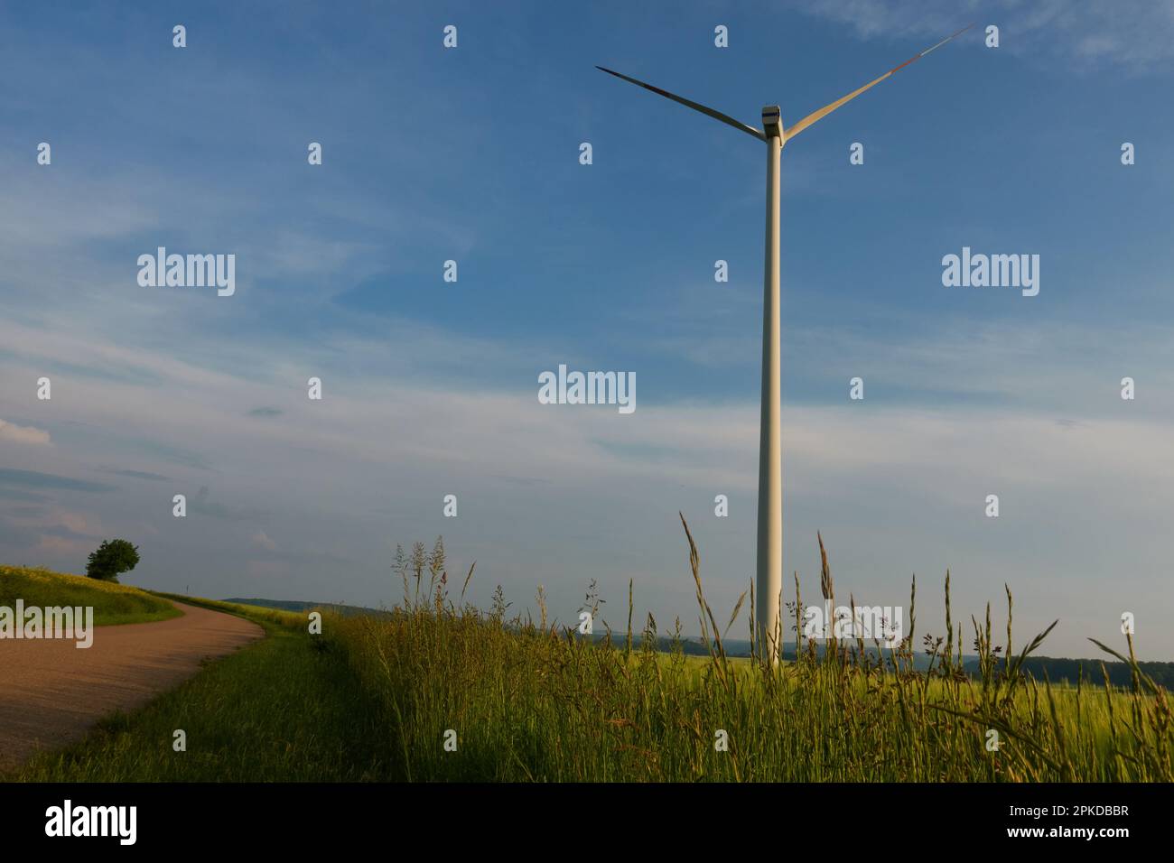 Wind turbine from behind against a blue cloudy sky. Gray path leads ...