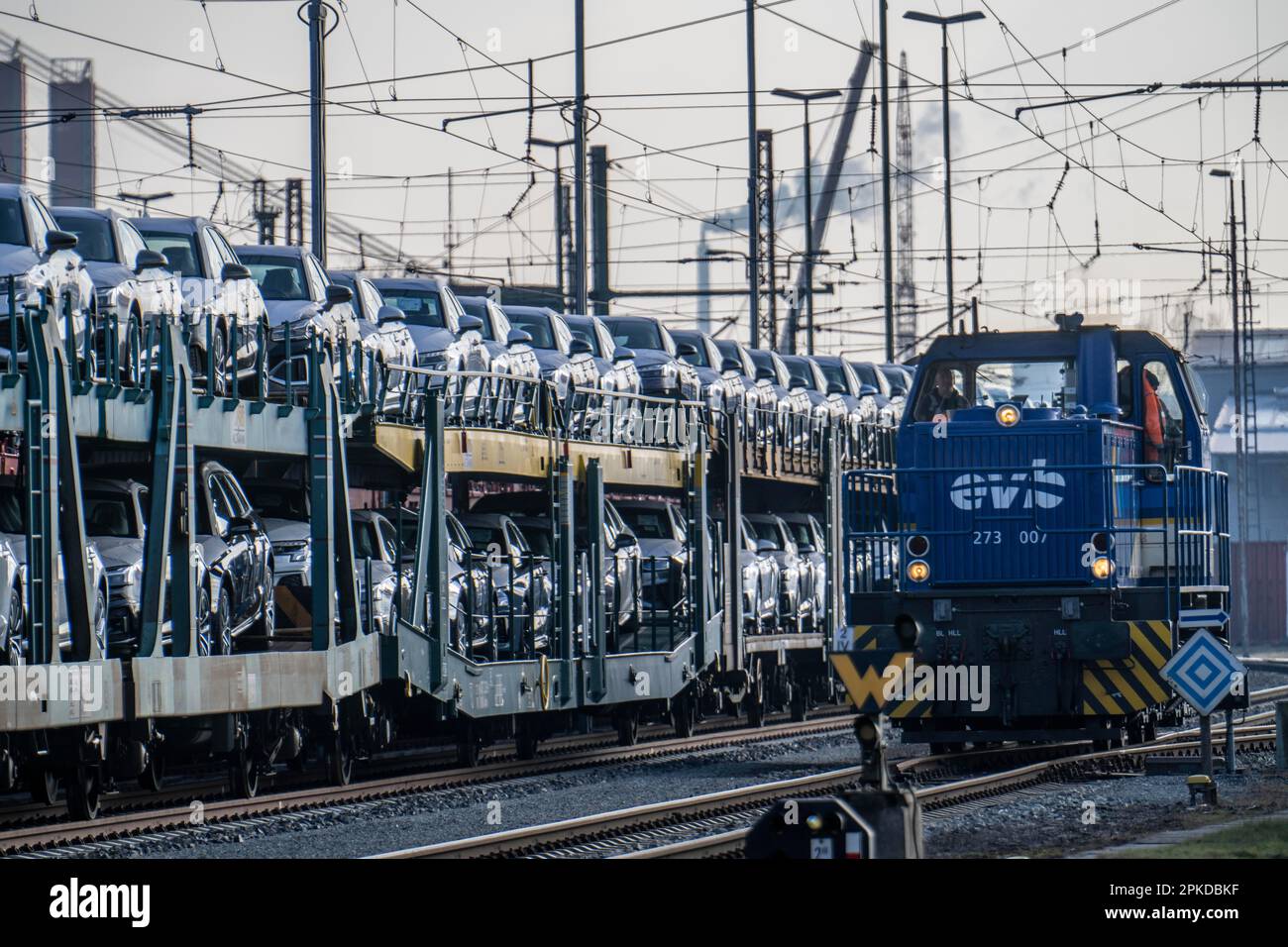 Car train, goods train on its way to the car terminal in the seaport of ...