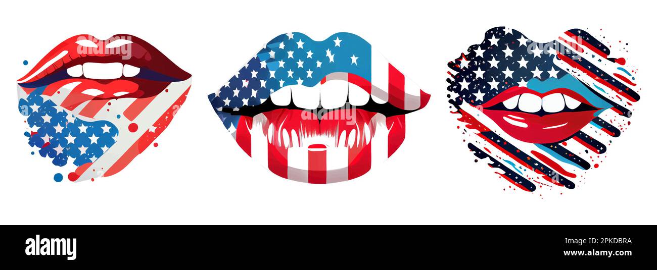 set vector illustration of lips with american flag isolate on white ...