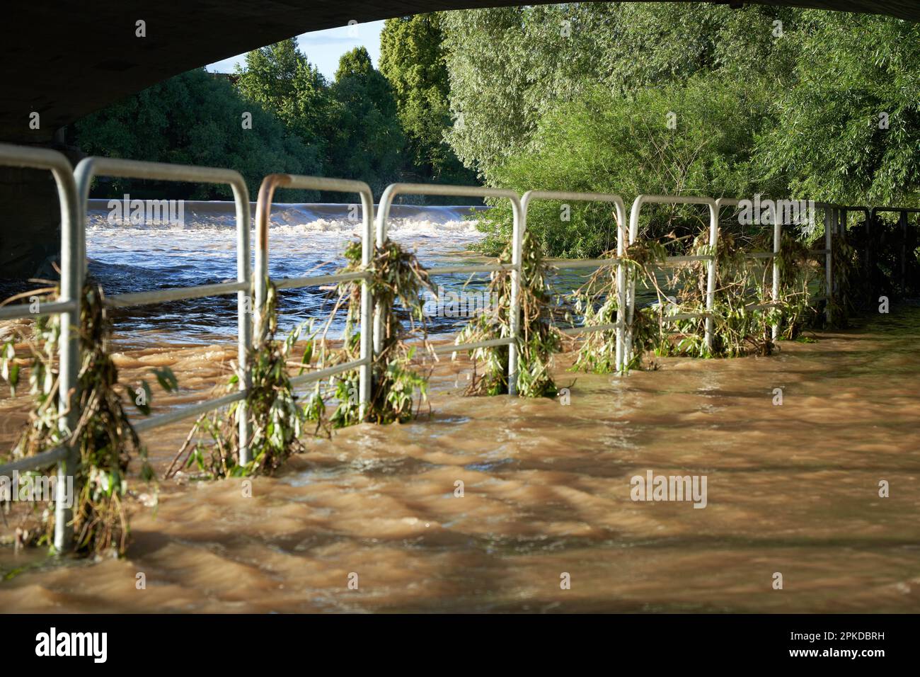 Flooding under a bridge. Brown water masses flood footpath next to a ...