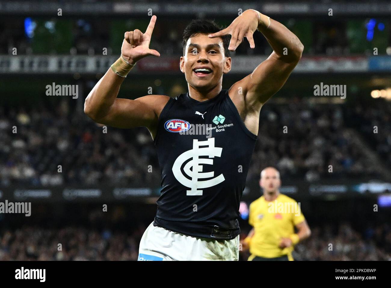 Jesse Motlop of Carlton celebrates scoring a goal during the AFL Round ...
