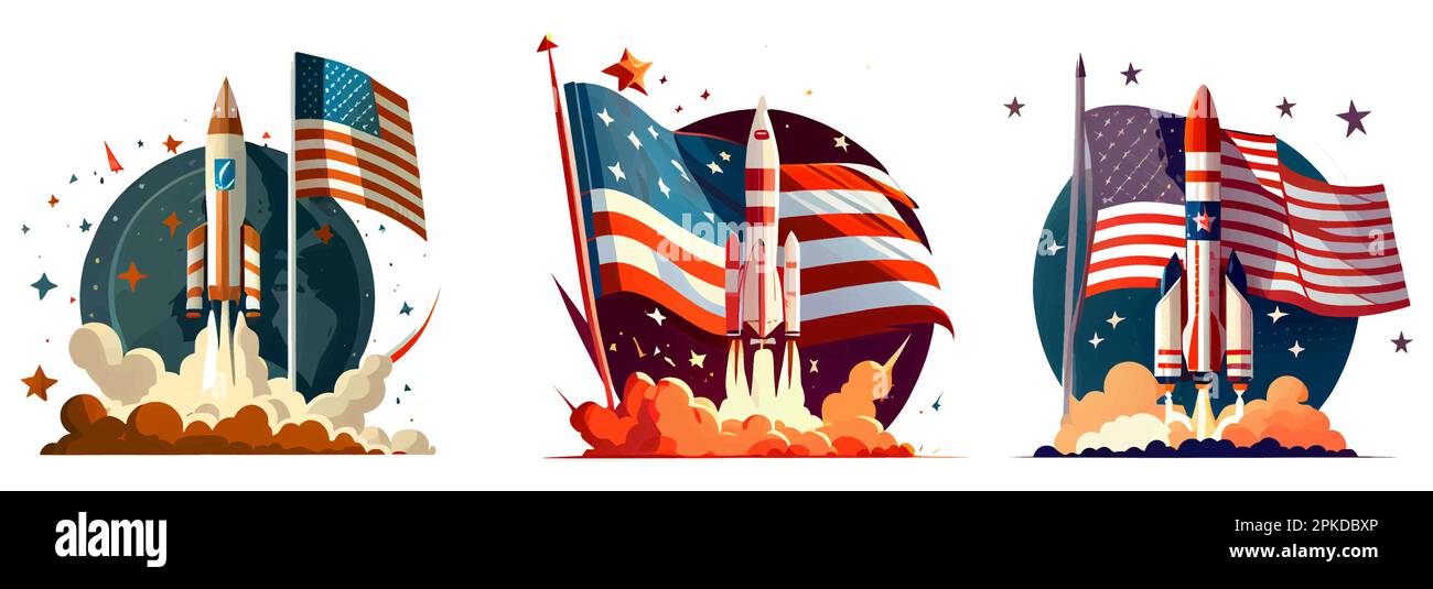 set vector illustration of rocket start to fly against of american flag ...