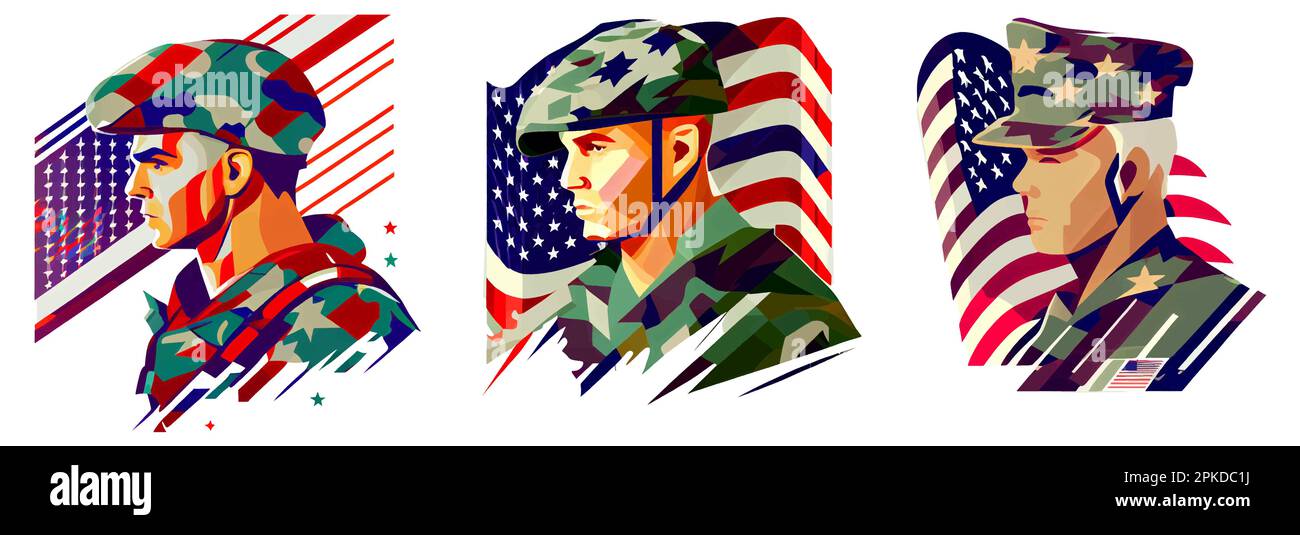 set vector illustration of warrior against of american flag isolated on ...