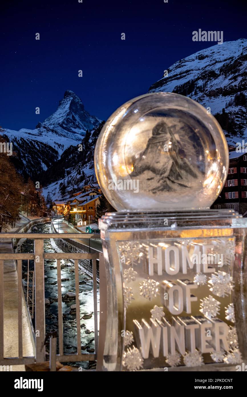 ice sculpture from the matterhorn in Zermatt in winter at night Stock ...