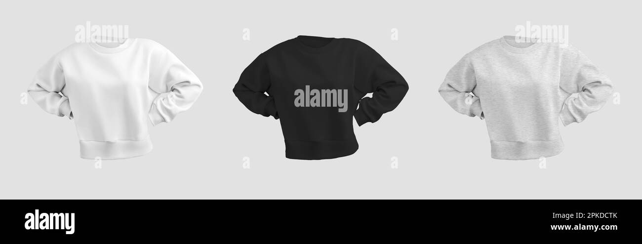 Mockup of white, black, heather female crop sweatshirt with bent arms ...