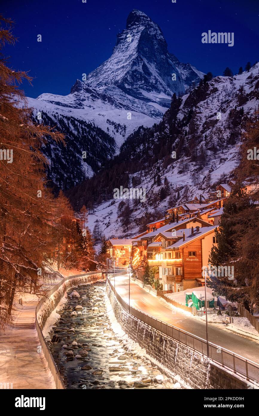 River in Zermatt in winter at night Stock Photo - Alamy