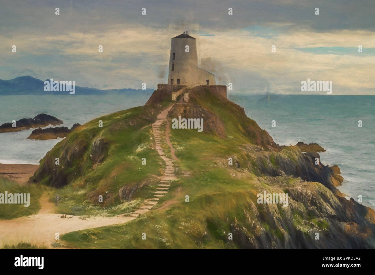 Digital painting of the Llanddwyn island lighthouse, Twr Mawr at Ynys ...