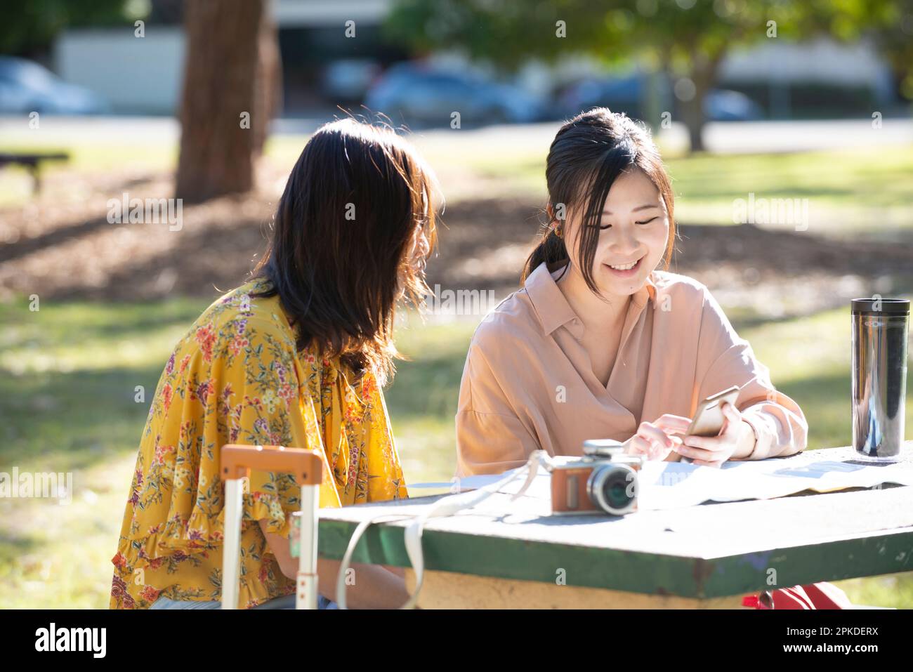 Two women planning a trip while looking at a map Stock Photo - Alamy