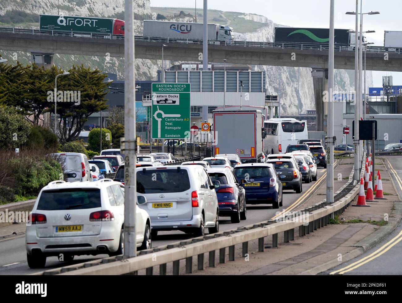 Traffic queuing on the A20 outside the Port of Dover in Kent as the ...