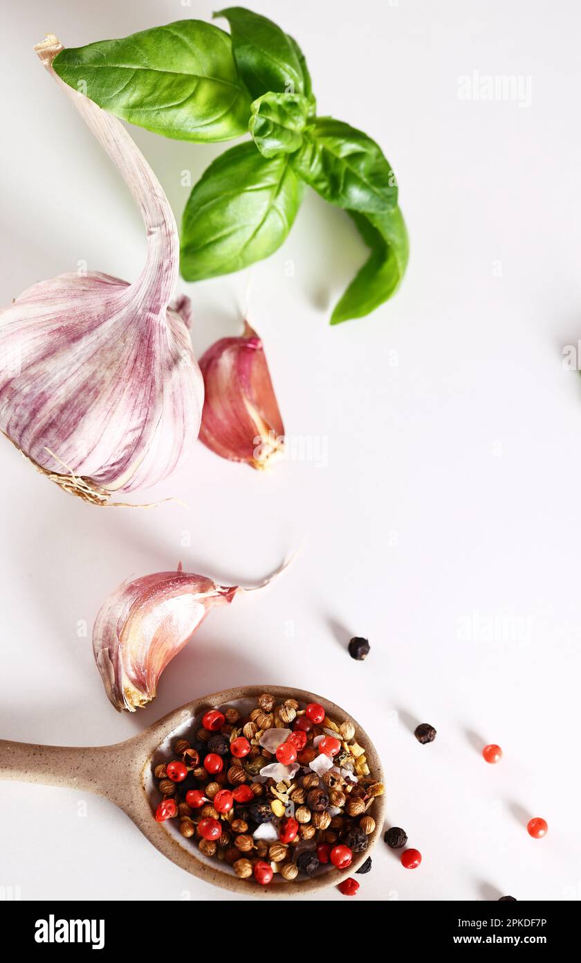 food background with fresh garlic herbs on white background Stock Photo ...