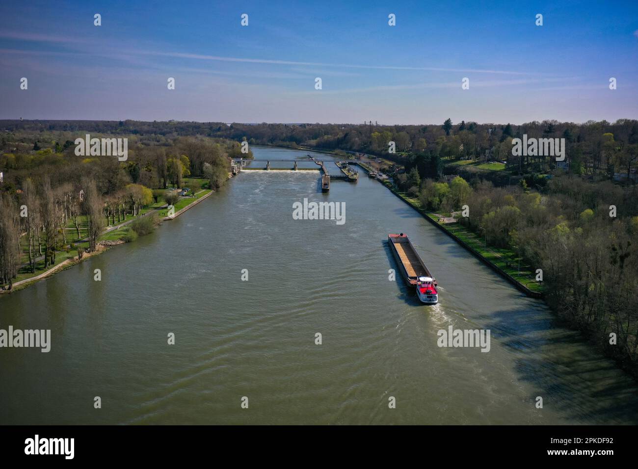 aerial view of the living water dam in the town of Boissise le Roi in ...